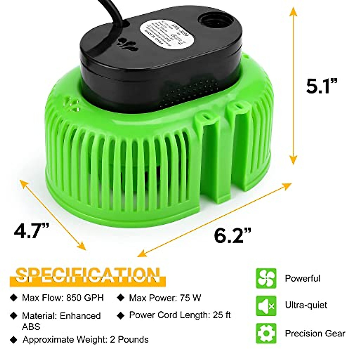 Pool Cover Pump Above Ground, Water Pump for Pool Draining, Submersible Water Pump Sump Pump with 16 Ft Drainage Hose & 25 Ft Extra Long Power Cord (840GPH-Green, Green)