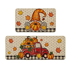 Artoid Mode Polka Dot Gnome Truck Pumpkin Fall Kitchen Mats Set of 2, Maple Leaf Home Decor Low-Profile Kitchen Rugs for Floor - 17x29 and 17x47 Inch