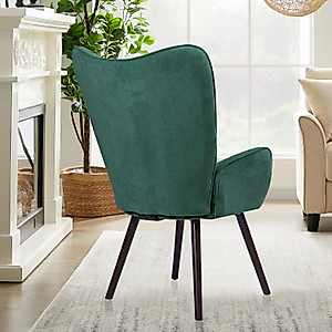 Velvet Accent Chair, Modern Wingback Vanity Chair Tufted Armchair Upholstered Tall Back Desk Chair with Arms Solid Wood Legs Lounge Leisure Chair for Living Room Bedroom Waiting Room (Dark Green)