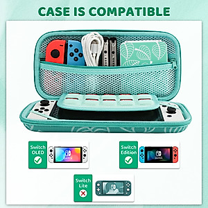 FUNDIARY Green Travel Carrying Case for Nintendo Switch and Switch OLED with Animal Crossing Leaf Design, Shockproof Accessories with Portable Storage Bag, Game Card Case, Handle Strap & 2 Thumb Caps