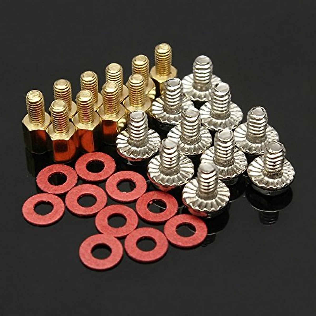 KINWAT 10Pcs 6.5mm 6-32-M3 Computer Golden Motherboard Riser+Silver Screws + Red Washers