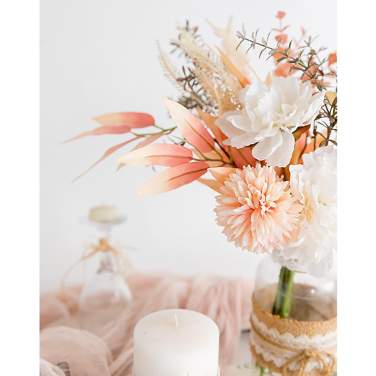 Jinborlend Artificial Flowers Bouquets Silk Peony Flower Chrysanthemum Ball Flowers Bouquet Artificial Fall Flowers Arrangements Wedding Bouquets Fake Flower for Home Kitchen Garden Party