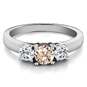 Gem Stone King 925 Sterling Silver Peach Morganite and White Topaz Ring For Women (1.06 Ct Round, Available in size 5, 6, 7, 8, 9)