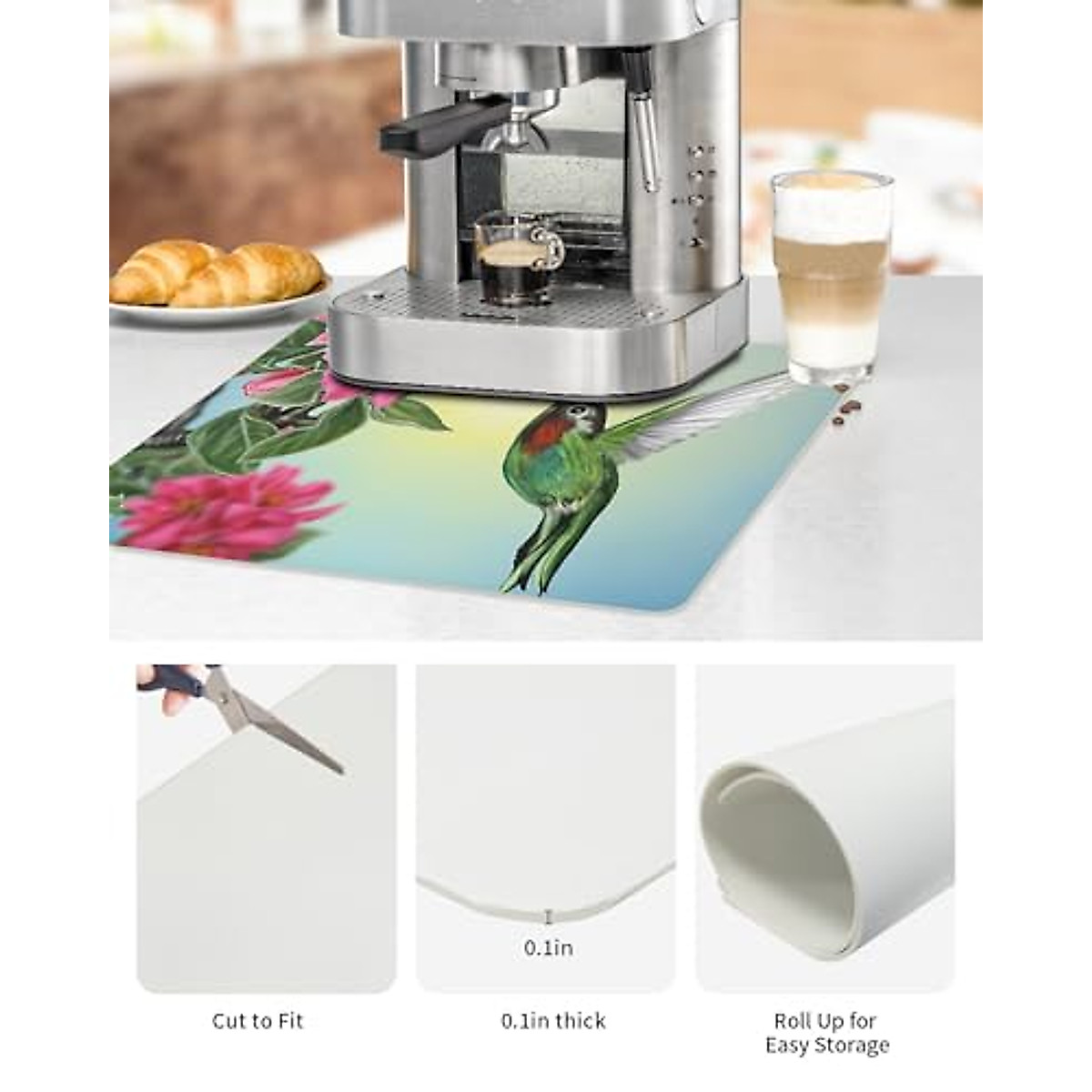 Spring Flowers and Hummingbird Coffee Mat Coffee Maker Mat,Super Absorbent Coffee Bar Accessories,Watercolor Pink Blossom Floral Non-slip Coffee Station Mat Dish Drying Pad,18x28in