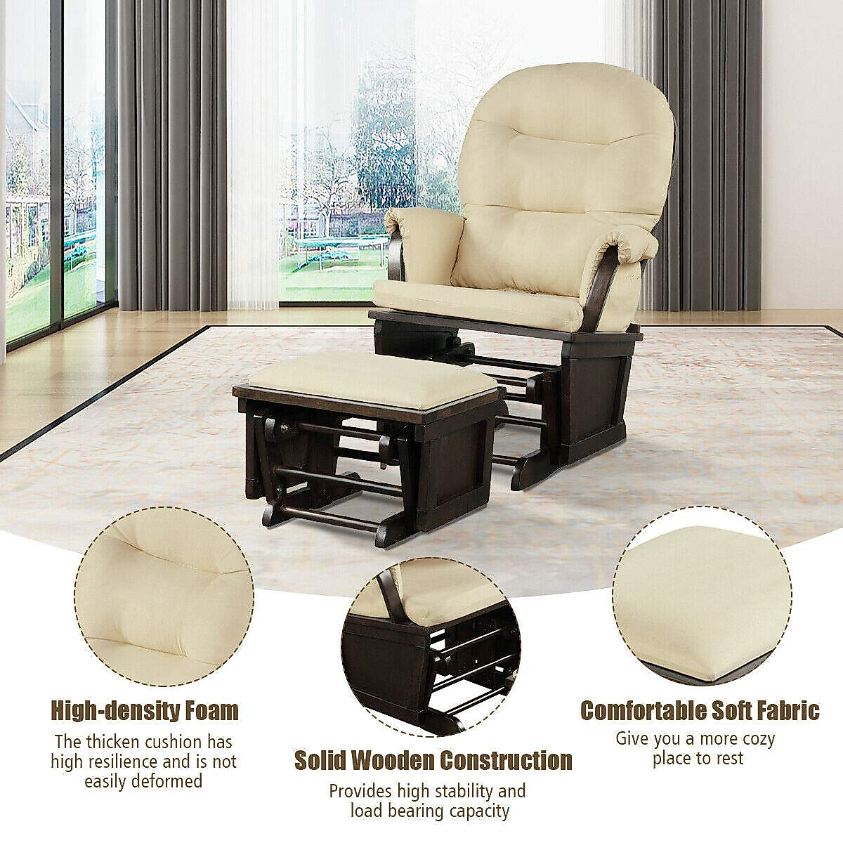 Enjoy Relaxing Home, Office, Sofa Recliner Deluxe Ergonomic Rocking Chair Lounge Glider Ottoman w/Footrest, Beige Brown
