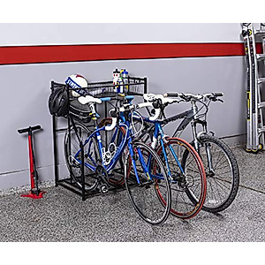 3 Bike Stand Rack with Storage – Great for Parking Road, Mountain, Hybrid or Kids Bikes – Garage Organizer - Helmet - Sports Storage Station - Black