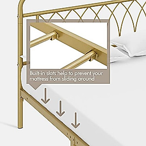 Yaheetech Queen Bed Frame Metal Platform Bed with Petal Accented Headboard/Footboard/14.4 Inch Under Bed Storage/No Box Spring Needed,Antique Gold