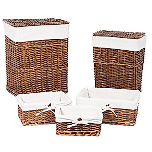 BIRDROCK HOME Woven Willow Baskets with Liner for Storage and Laundry - Set of 5 - Rectangular Hamper Bins with Lids - Decorative Wooden Wicker Basket for Organizing Blankets - Baby Organizer - Brown