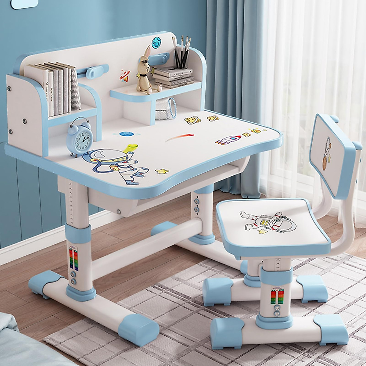 Hesitroad Kids Study Desk and Chair Set,Adjustable Children's Desk and Chair Height Children School Study Table with Cartoon Pattern,Desk Chair with Large Writing Board, Bookshelf and Book Bucket Blue