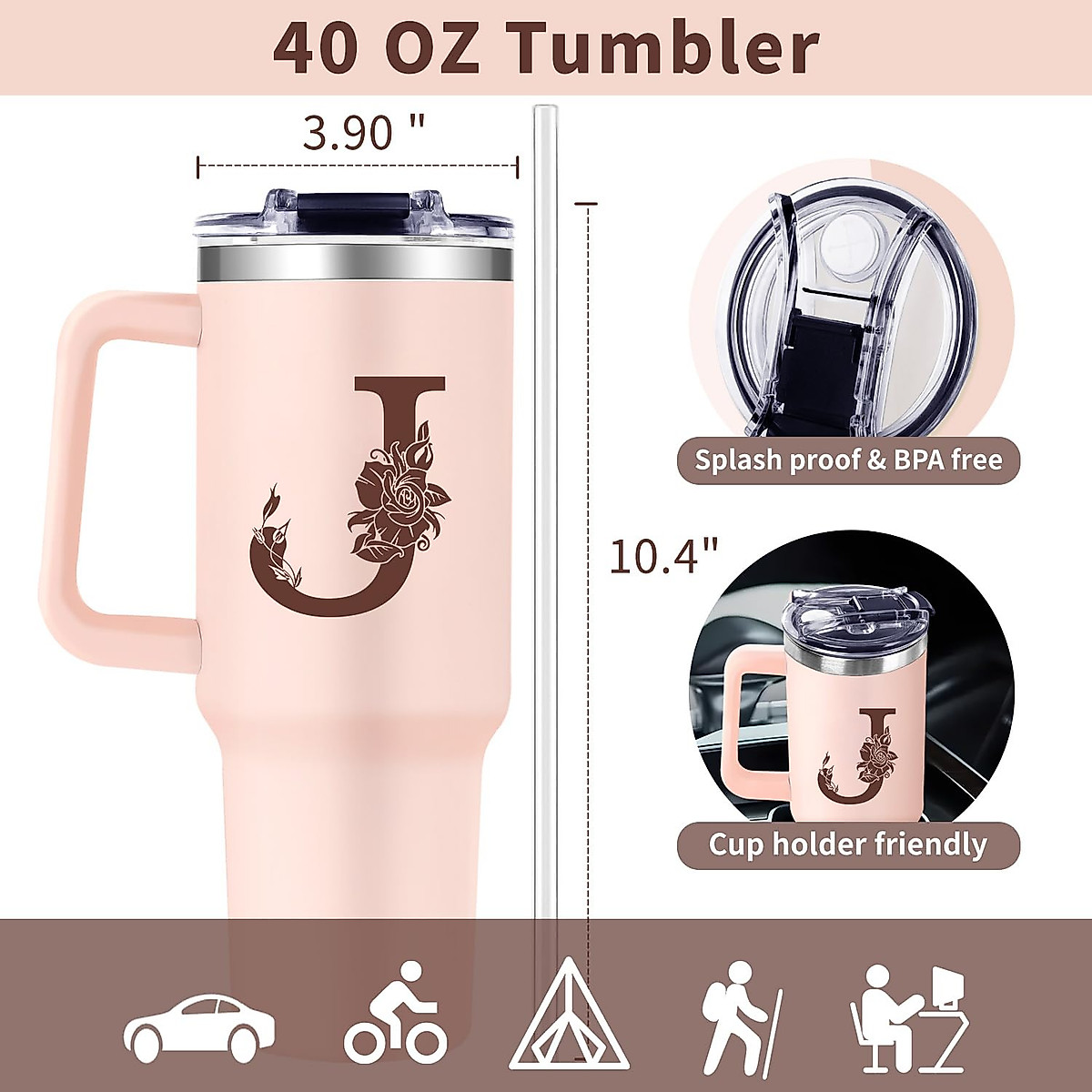 Monogrammed 40oz Tumbler with Handle for Women, Personalized Birthday Gifts for Women,Initial Cups for Woman Pink Letter J,Customized Gifts for Female Lady Gift for Mothers Day Christmas