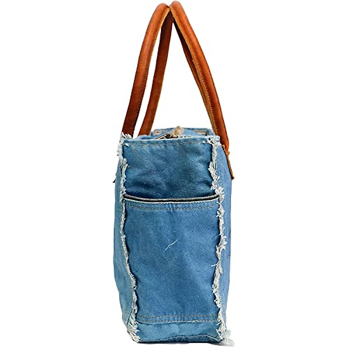 NATURALS EXPORT OAG Upcycle Canvas Bag, Handmade Canvas Bag With Leather, Canvas Tote Bag, Canvas Shoulder Bag, Canvas Handbag for Women, Blue