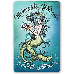 Metal Sign - Mermaids Welcome Shells Optional - Hanging Mermaid Wall Art Metal Sign - Use Indoor/Outdoor Your Home - Girl Mermaid Decor - Mermaid Room Decor For Girls Bedroom and Bathroom (8" x 12")