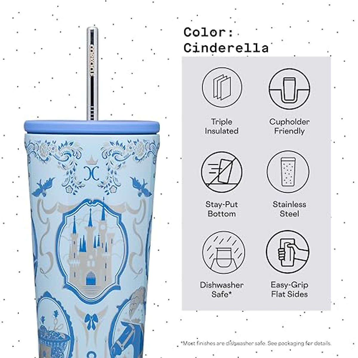 Corkcicle x Disney Princess Cinderella Cold Cup Insulated Tumbler with Lid and Straw, 24 oz – Reusable Water Bottle Keeps Beverages Cold 12hrs, Hot 5hrs – Cupholder Friendly, Lid for Flexible Sipping