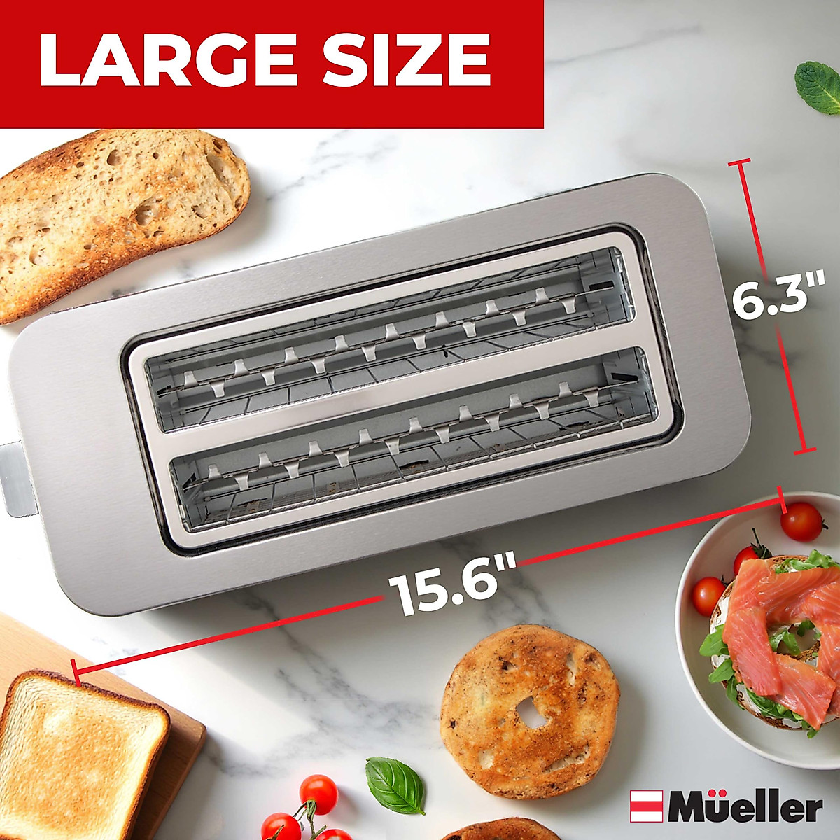 Mueller UltraToast Full Stainless Steel Toaster 4 Slice, Long Extra-Wide Slots with Removable Tray, Cancel/Defrost/Reheat Functions, 6 Browning Levels with LED Display