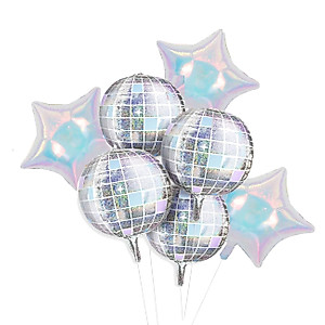 Iridescent Disco Party Foil Balloons With Clear Star Balloons 4D Silver Aluminum Balloons,for Birthday, Bachelorette Party, 70s 80s Theme Last Disco Party Decorations Supplies (Transparent 4+3)