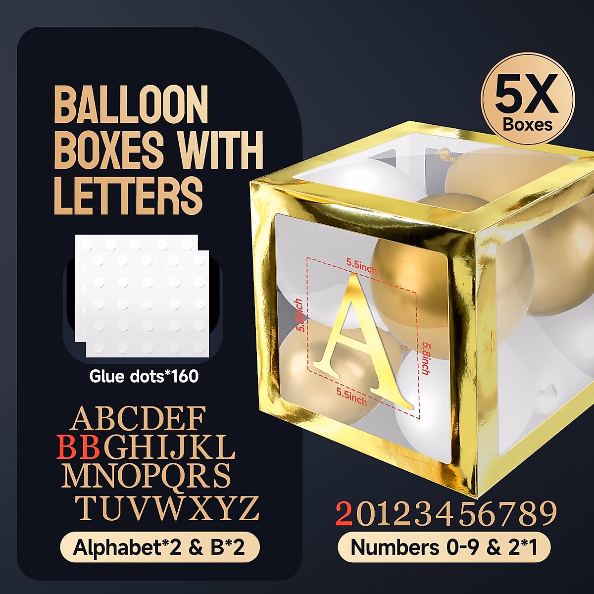 Baby Boxes with Letters - ZHMYBLN Letter Blocks Boxes with 65 Letters & Numbers, 6 Balloon Boxes for Baby Showers & Gender Reveal Parties, Reusable Birthday Decoration Boxes with 48 Balloons