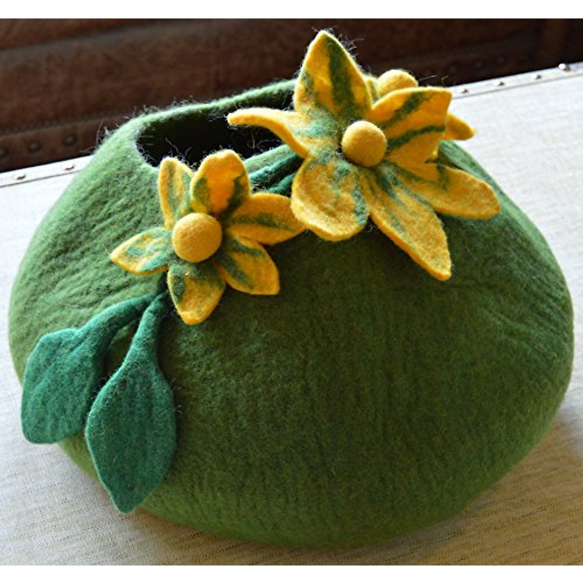 Earthtone Solutions Cat Cave Bed, Unique Green Handmade Felted Wool, Large Covered and Cozy, Also Perfect for Kittens, Original Cat Caves, (Emerald Haven)