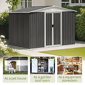 8x6 FT Outdoor Storage Shed, Metal Tool Sheds with Lockable Sliding Door & Air Vent, Garden Shed for Backyard Garden Patio Lawn, Dark Grey