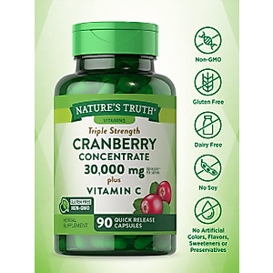 Cranberry Concentrate Capsules 30,000mg | Plus Vitamin C | Non-GMO & Gluten Free Supplement | Triple Strength Support Pills | by Nature's Truth