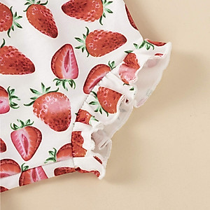 Newborn Baby Girls Clothes Strawberry Ruffles Sleeves Summer Romper Floral Bottoms Shorts Headband 3pcs Outfits Set Infant Girl First Birthday Coming Home Outfits Pants Set Red Strawberry 9-12 Months