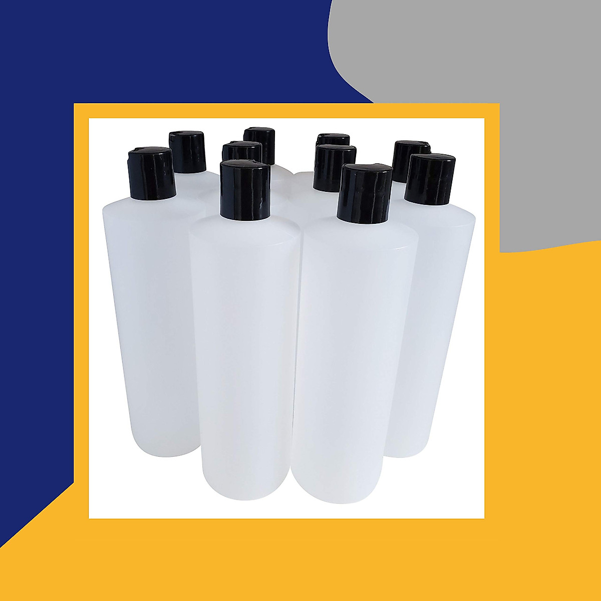 kelkaa 16oz HDPE Durable Squeezable Plastic Bottles with Black Press Disc Top Cap Natural Clear Container for Any Liquid Products, Multi-Purpose Empty Refillable Bottles (Pack of 10)