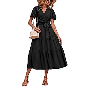 PRETTYGARDEN Summer Dresses for Women 2023 V Neck Wrap Short Sleeve Boho Midi Dress Tie Waist A Line Beach Sun Dresses (Black, Medium)