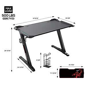 EUREKA ERGONOMIC Computer Desk, Gaming Desk with LED Lights 44.5 inch, Home Office Z Shaped Gaming Computer Desk Table with Mouse Pad Headset Hook Controller Stand Cup Holder, Black