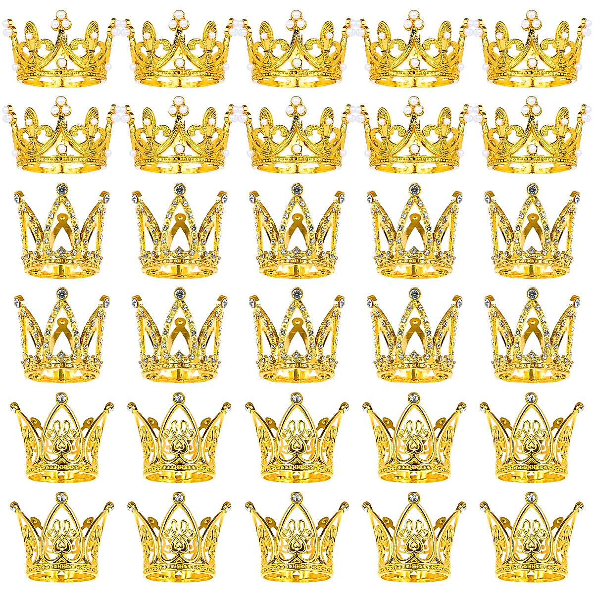 30 Pcs Gold Crown Cake Topper Mini Small Crowns Pearl Rhinestone Princess Cupcake Toppers for Flower Arrangements Glittering Cake Decoration for Girl Lady Bridal Wedding Birthday Party, 3 Style
