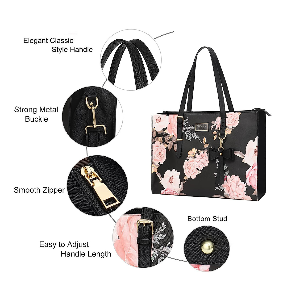 MOSISO Laptop Tote Bag Compatible with MacBook Air 15 inch M2 A2941/Pro 16 M3 M2 M1, 15-15.6 inch Notebook, Peony PU Leather Travel Work Briefcase with Detachable Bowknot & Small Purse, Black