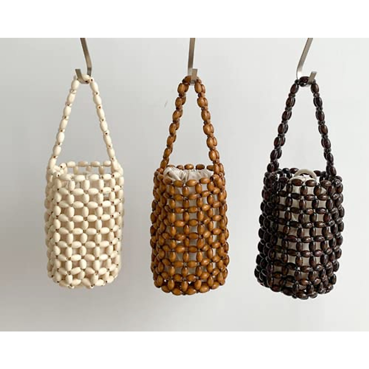 Goodly Wood Beaded Tote Handbag/Summer Mini Beads Bag/Wood Beads Circle Tote Bag for Women (Beige)… (Ivory)