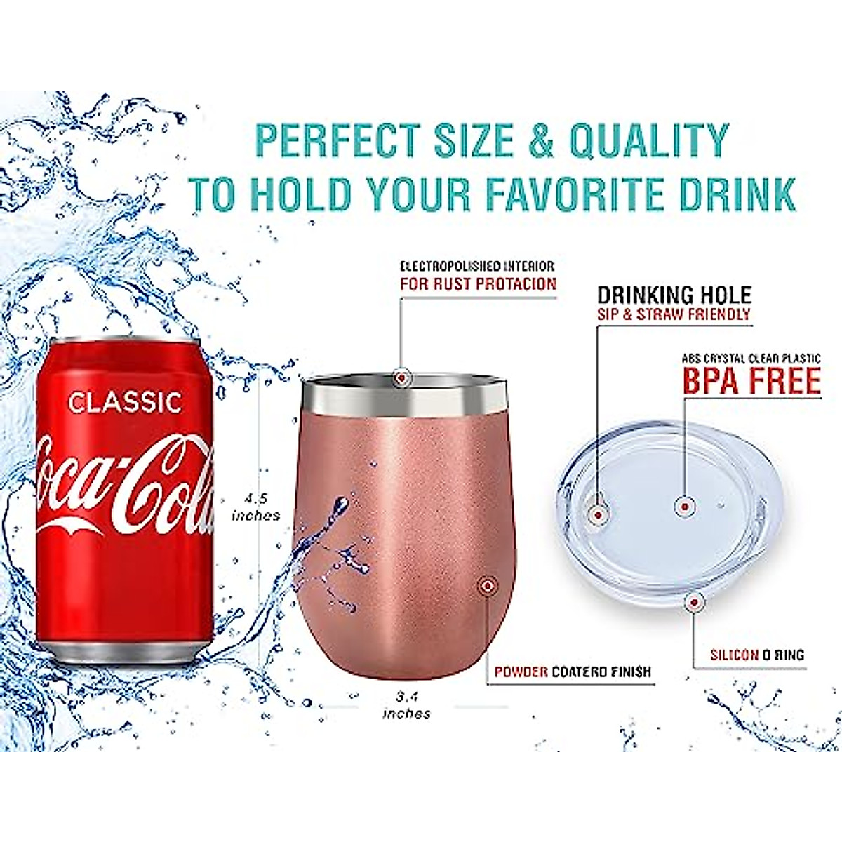 CHILLOUT LIFE 12 oz Stainless Steel Tumbler with Lid & Gift Box | Wine Tumbler Double Wall Vacuum Insulated Travel Tumbler Cup for Coffee, Wine, Cocktails, Ice Cream - Rose Gold Tumbler