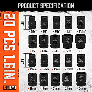 HORUSDY 1/2" Drive Impact Socket Set, 24-Piece Shallow Standard SAE (7/16"-1") and Metric (13-24mm) Size, 6 Point, Cr-V, with 1/2-Inch Drive Ratchet Handle, Drive Extension Bar