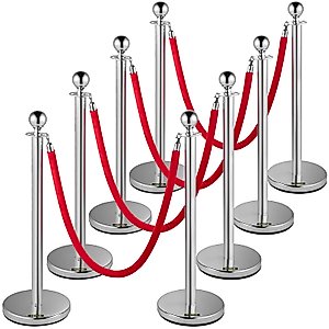 VEVOR Velvet Ropes and Posts 8 Pcs, 5 ft Red Velvet Rope, Stanchion Post with Ball Top, Crowd Control Barriers Silver Stanchions, Red Carpet Poles, Crowd Control Ropes and Poles for Party Supplies