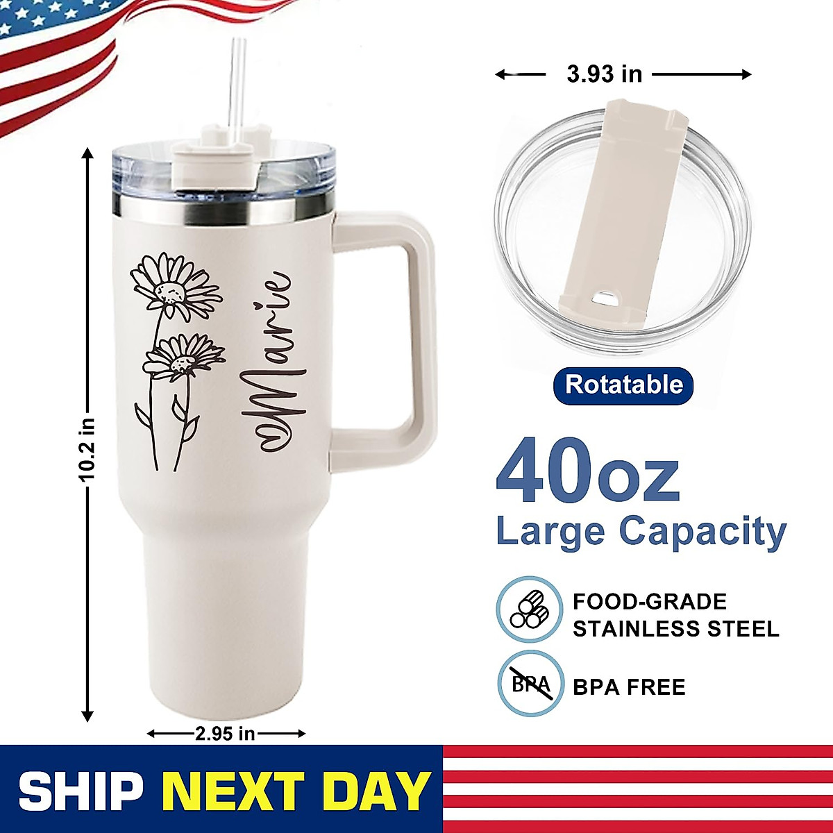 ThermoThrill Ships Next Day, Personalized 40 Oz Tumbler with Handle and Straw, Custom Tumbler with Text Photo Stainless Steel Travel Mug Customized Birthday Gifts for Women Men
