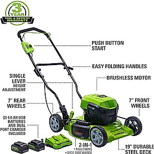 Greenworks 48V (2x24V) 19"Brushless Push Lawn Mower,2.0Ah Axial Blower (90 MPH/320)，10"String Trimmer，22"Rotating Handle Hedge Trimmer，Combo Kit w/ (2) 4.0Ah Batteries, (1) 2.0Ah Battery & (2)Chargers