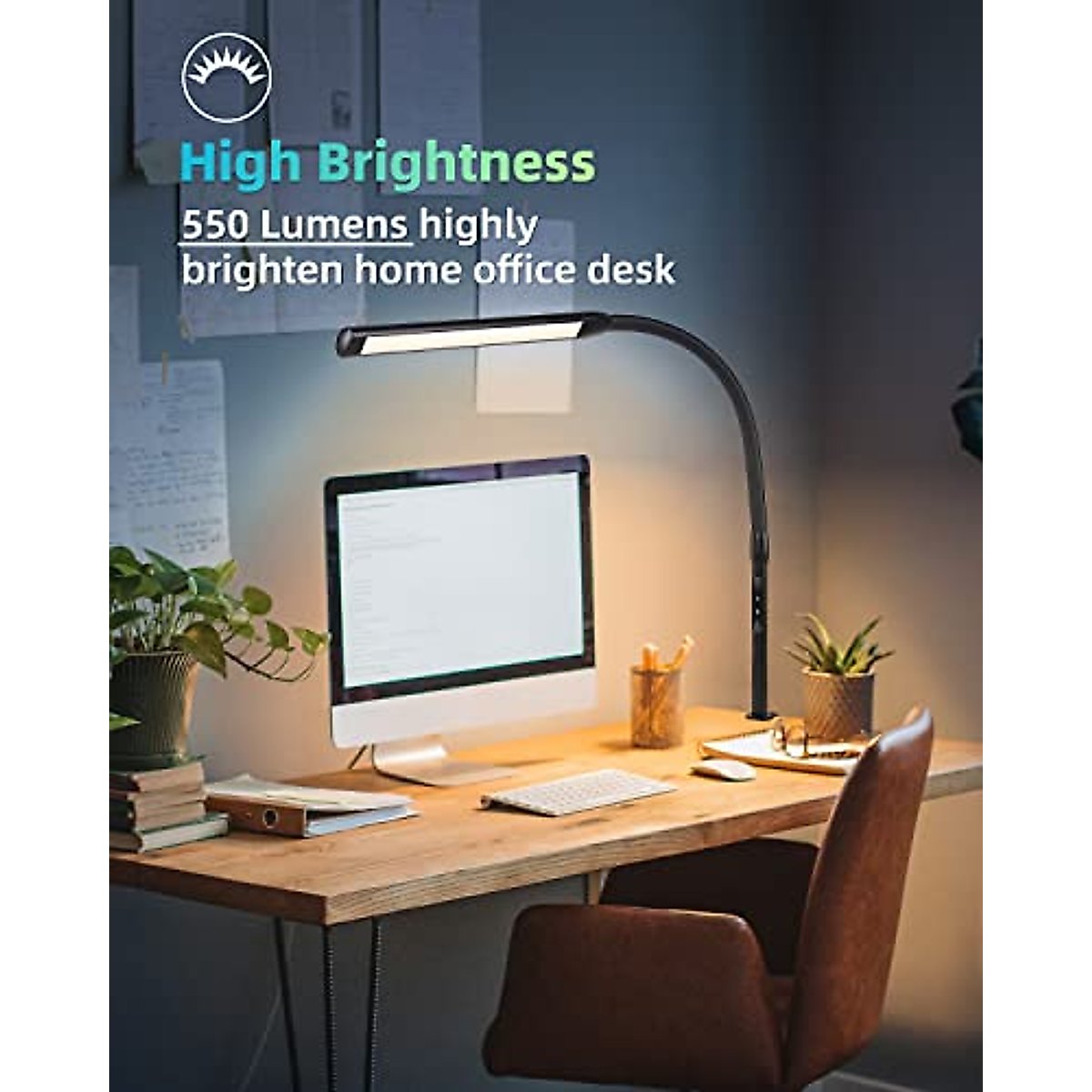 LED Desk Lamp with Clamp, 12W Gooseneck Task Light with 24V Adapter, 5 Brightness Levels & 5 CCT Adjustable Clip Table Lamp, Timer & Memory Functions, Eye-Caring Clamp-on Desk Lamps for Home Office