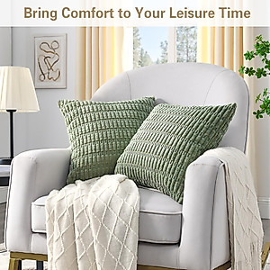 Volcanics Pack of 2 Sage Green Decorative Throw Pillow Covers 18x18 Inch, Soft Corduroy Striped Square Cushion Cases, Modern Farmhouse Boho Home Decor for Spring Couch Bed Sofa Living Room