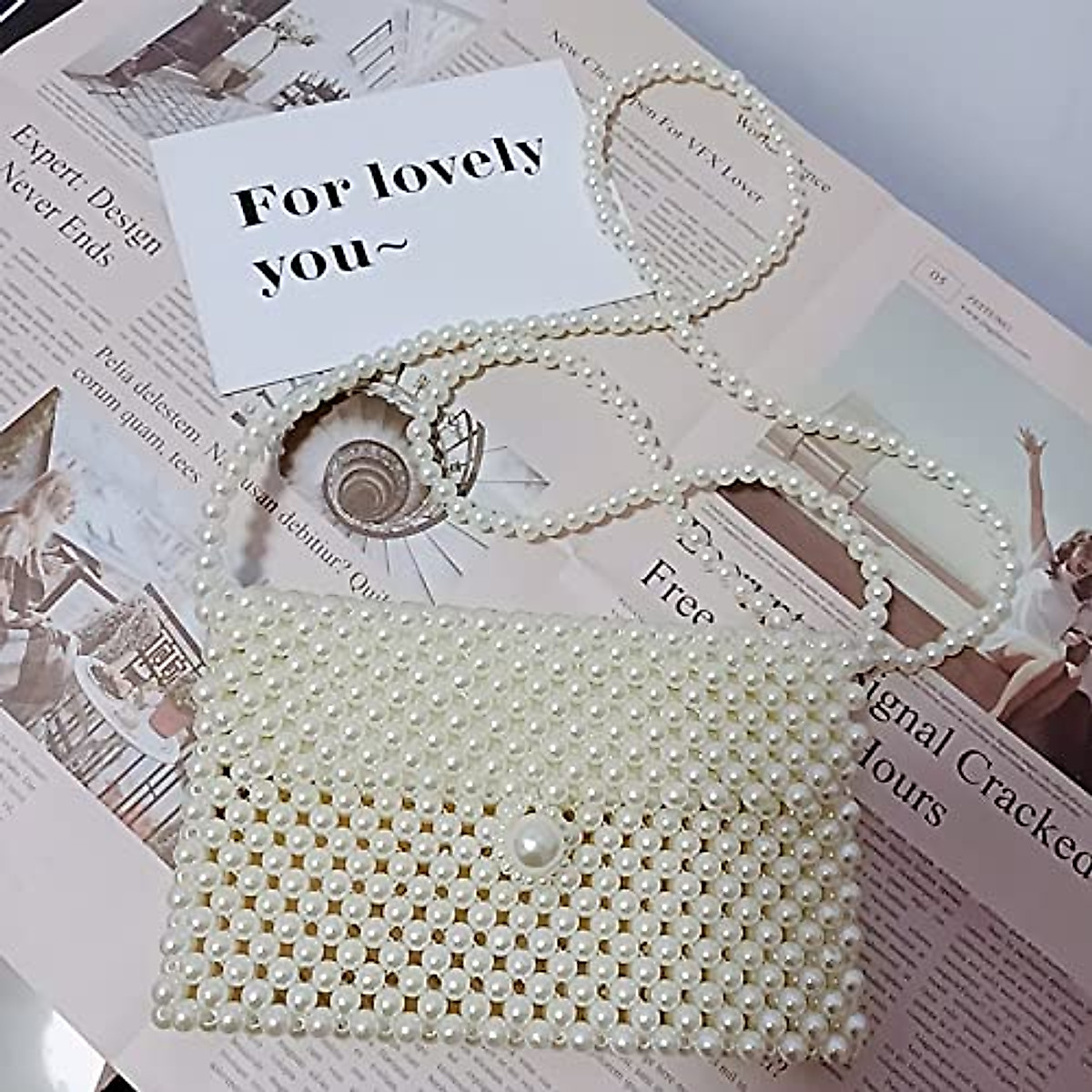 FUNDI White Pearl Purse Shoulder Bag for Women Purse Pearl Beaded Clutch Bag Crossbody Beaded Clutch Evening Bag for Prom Party Wedding Date