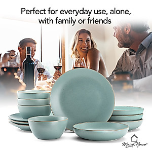 Riverside 12-Piece Dinnerware Set for 4 - Hand Crafted Plates and Bowls Dish Set, Ceramic Stoneware Dinner Set, Microwave & Dishwasher Safe Dishware - California Teal