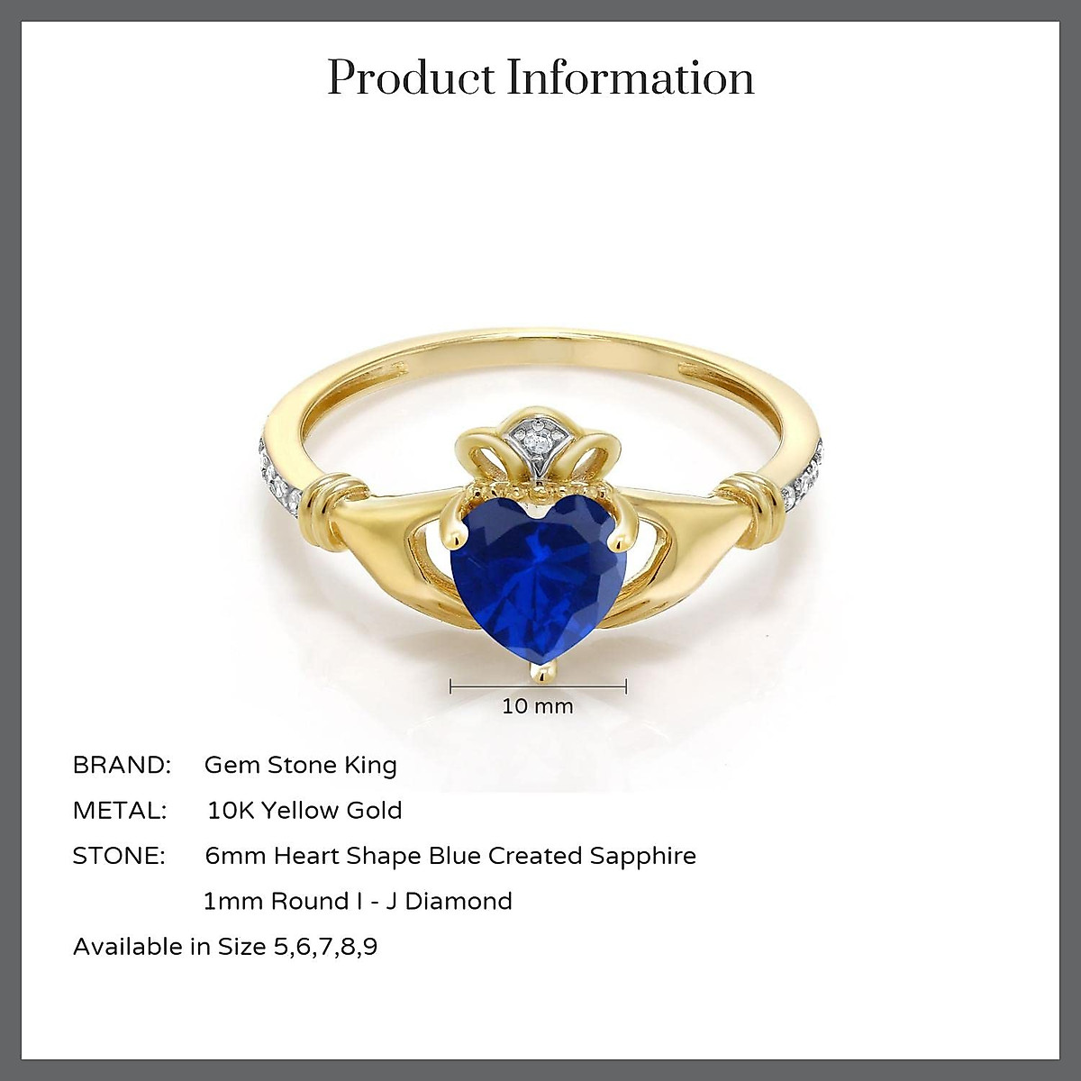 Gem Stone King 10K Yellow Gold Irish Celtic Claddagh Blue Created Sapphire and Diamond Accent Women Ring (0.86 Cttw, Available In Size 5, 6, 7, 8, 9)