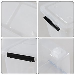 Zopnny 30 Quart Plastic Stacker Box, Large Storage Bin Container with Latching Lids and Wheels for Home and Garage Organizing, Shoes, Tools, Clear Base, 4-Pack