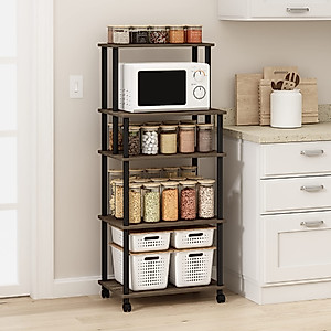 Furinno Turn-N-Tube 5-Tier Toolless Kitchen Storage Cart with Lockable Wheels, Columbia Walnut/Black