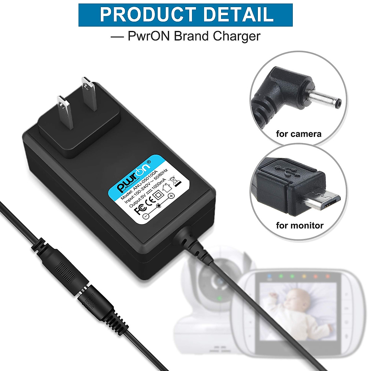 PwrON DC 5V Adapter Fits for Motorola MBP33S MBP36S MBP36XL MBP38S MBP41S MBP43S MBP843 MBP853 MBP854 MBP855 MBP-33SPU MBP33SBU MBP36SBU MBP36S-PU Video Baby Monitor Power Supply Cord