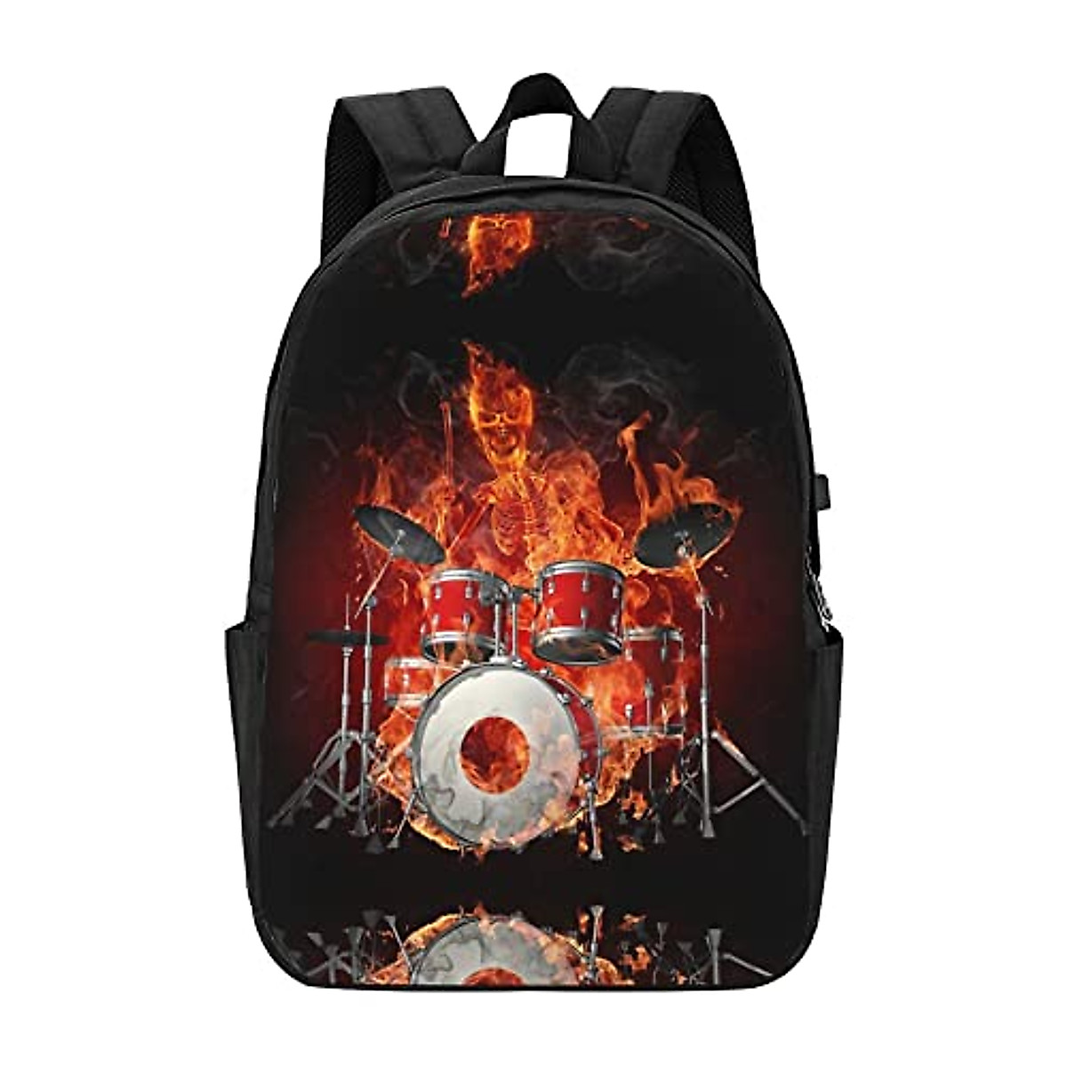 AMRANDOM School Backpack Book Bag Rock Roll Drums Flame Drummer Skull Supplies For College Students Travel Laptop Backpack With One Size