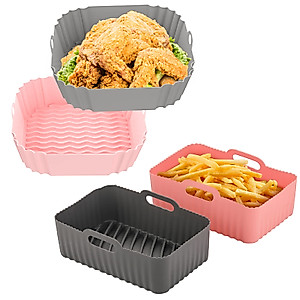 OUTXE 2-Pack Square Silicone Air Fryer Liners 8 inch for 4 to 7 QT, OUTXE 2-Pack Dual Air fryer Silicone Liners for 8 to 10 QT Ninja DZ201/ DZ401