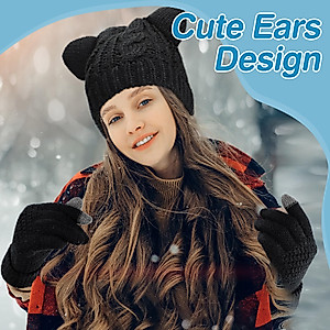 Toulite 3 Sets Winter Beanie Hat Gloves Set Cute Warm Skull Cap Touchscreen Gloves Set Cat Beanie Knitted Hat Touch Screen Knit Gloves for Women Girls Halloween Multicolor