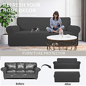 Easy-Going Stretch Sofa Slipcover 1-Piece Sofa Cover Furniture Protector Couch Soft with Elastic Bottom for Kids, Polyester Spandex Jacquard Fabric Small Checks (Sofa, Dark Gray)