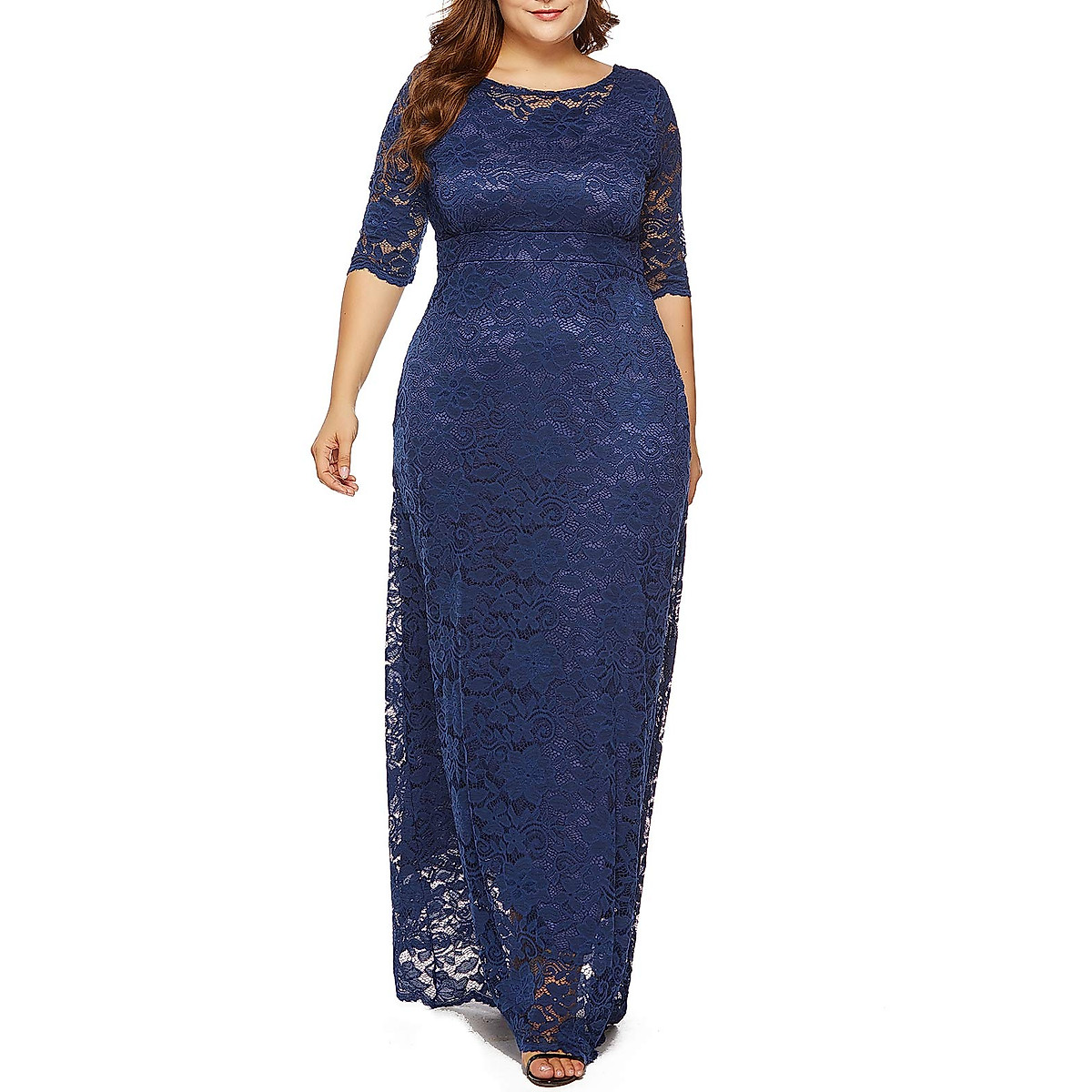Eternatastic Womens Floral Lace 2/3 Sleeves Maxi Dress Evening Party Long Dress 4XL Deep Blue