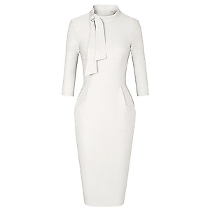MUXXN Ladies 3/4 Sleeves Knee Length Mock Neck Formal Wear to Work Pencil Dress Off White M