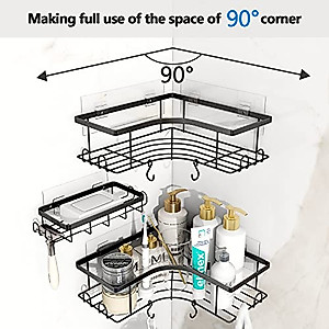 Vmiya 4 Pack Shower Caddy Corner with Hooks and Soap Holder, Adhesive Corner Shower Shelf for Inside Shower Basket Rack Storage, Stainless Steel Shower Shelf for Bathroom with 6 Removable Hooks Black